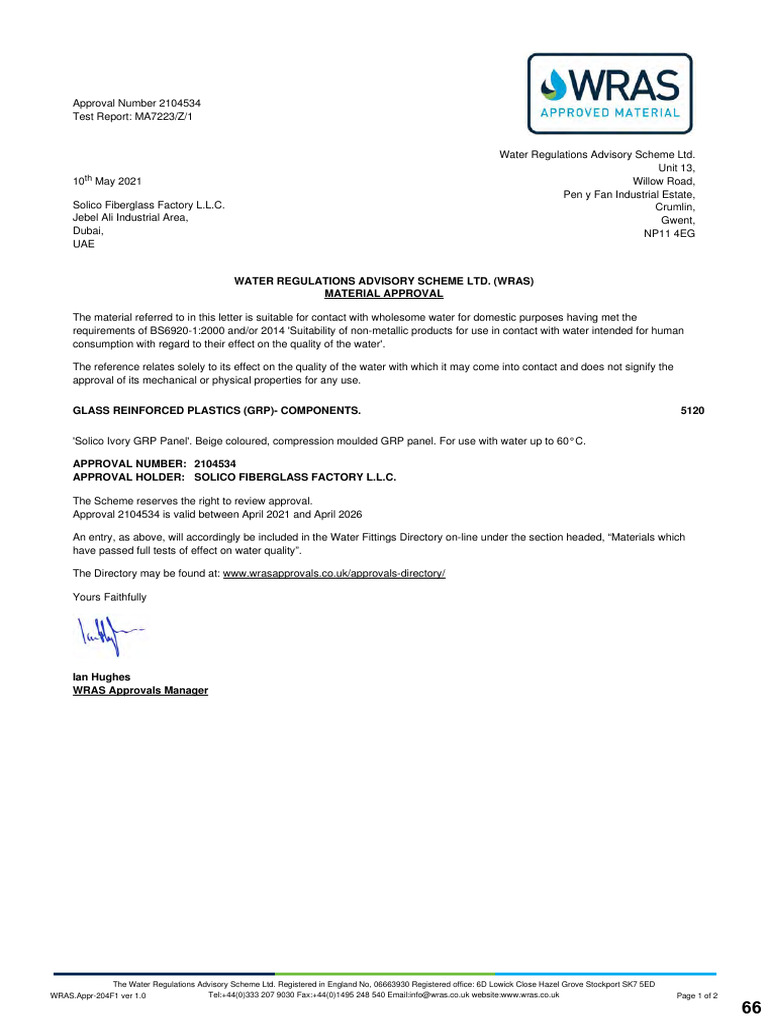 Wras Certificate | PDF | Fiberglass | Equipment