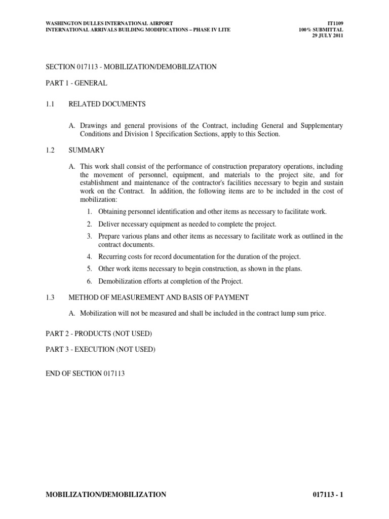 08-Specification-Section-01 71 13 - MOBILIZATION - DEMOBILIZATION | PDF