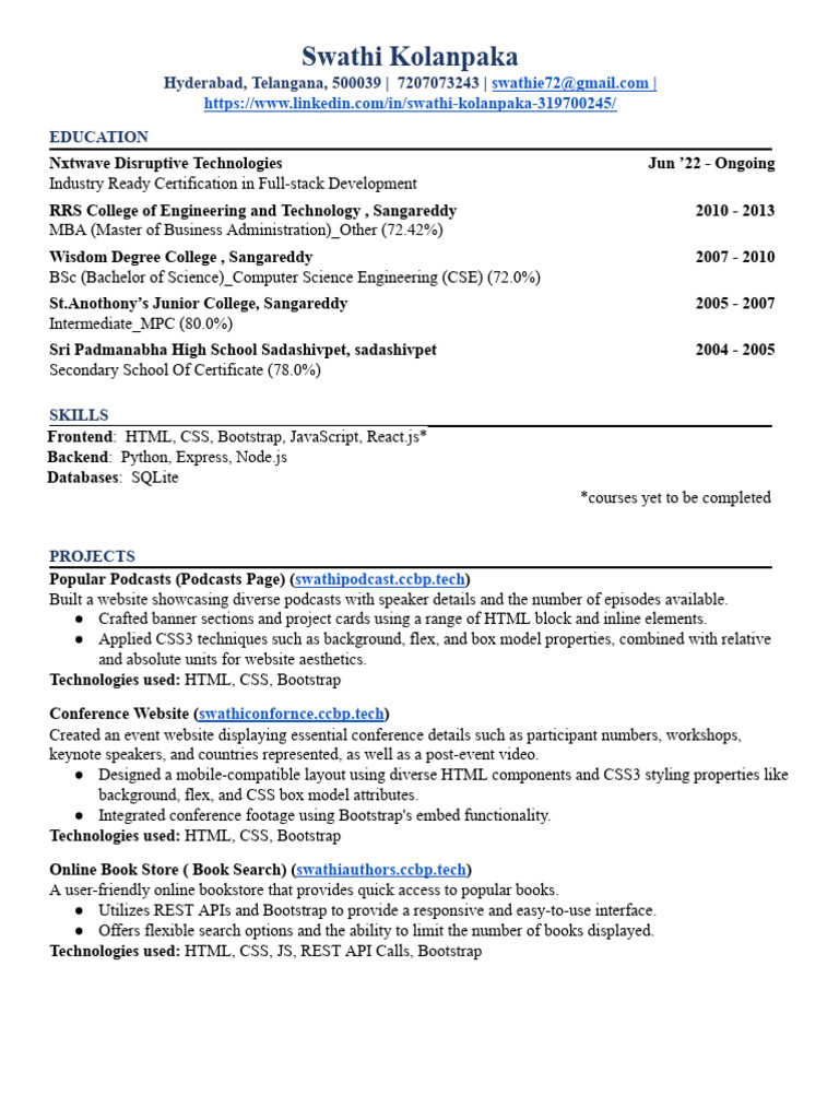 Swathi Resume | PDF | Bootstrap (Front End Framework) | Html Swathi Resume | PDF | Bootstrap (Front End Framework) | Html