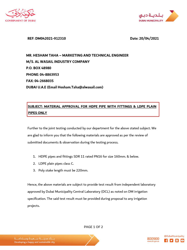 HDPE & LDPE Pipes Material Approval | PDF | Technology & Engineering