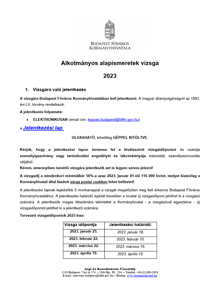 Alkotmányos Alapismeretek Vizsga 2023-Tájékoztató Friss | PDF