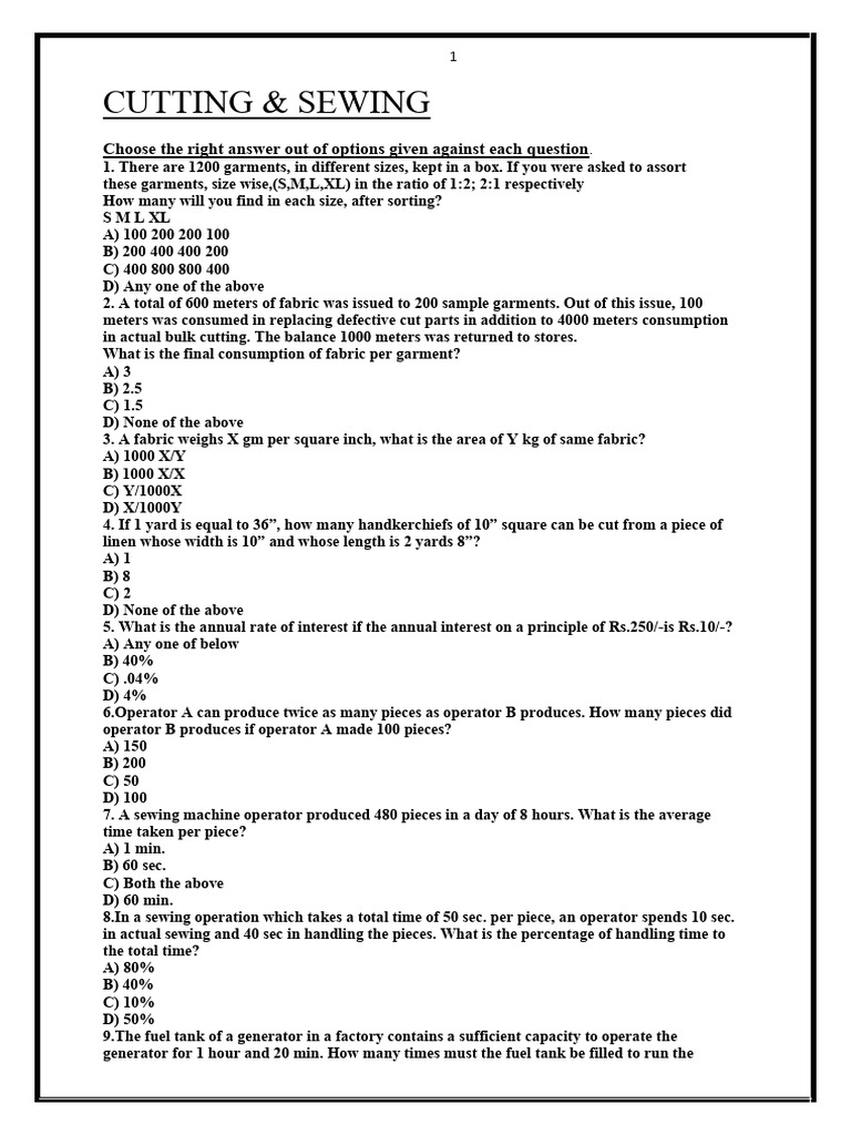 Cutting & Sewing Quiz: Key Concepts | PDF | Seam (Sewing) | Sewing