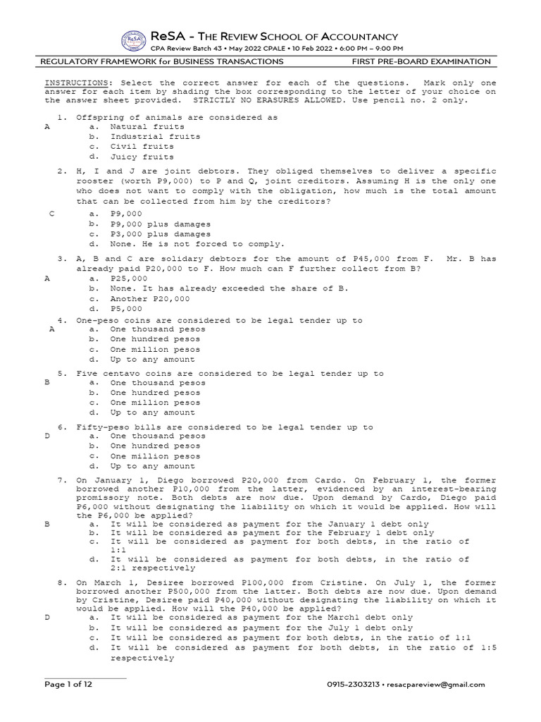 ReSA B43 RFBT First PB Exam - Questions & Answers | PDF | Preferred ...