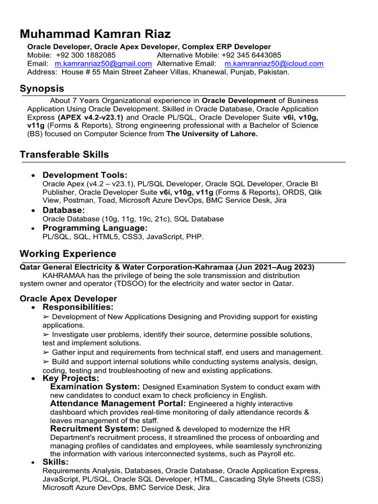 CV (M Kamran Riaz) | PDF | Databases | Oracle Database