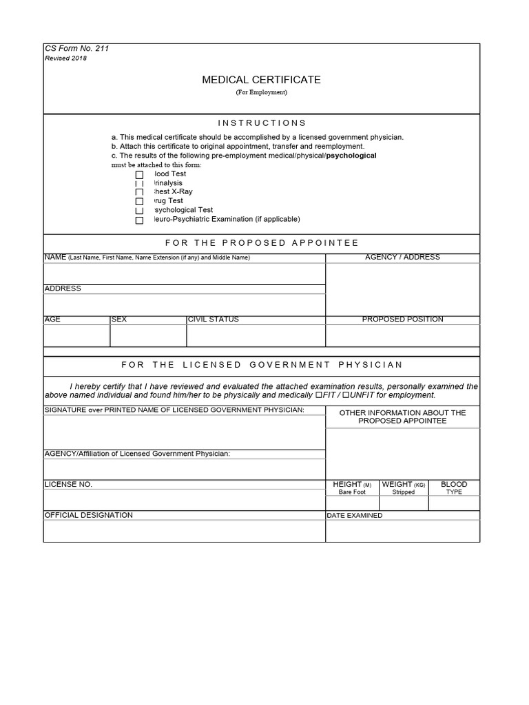 CS Form No. 211 Revised 2018 Medical Certificate | PDF | Test ...