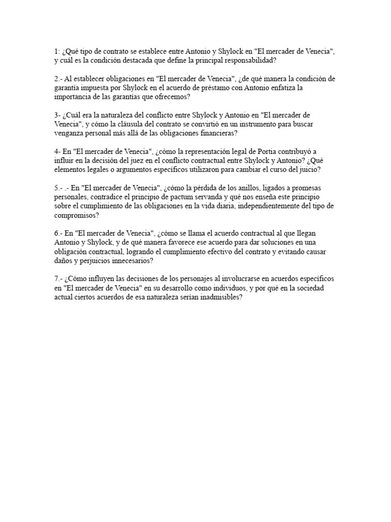 Preguntas de La Pelicula El Mercade de Venecia | PDF