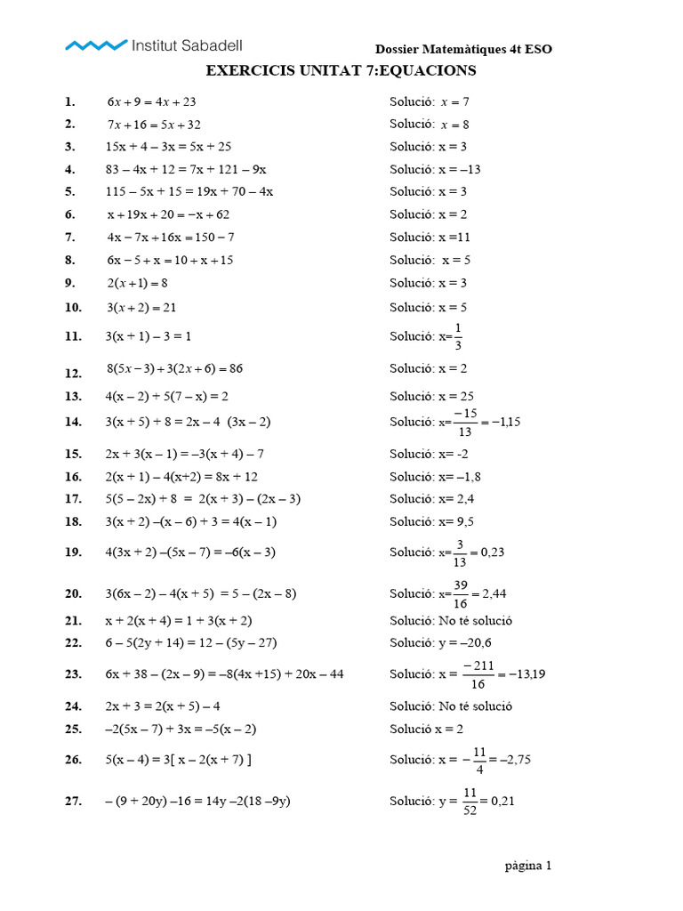 4E T6 Equacions Exercicis - SOL | PDF
