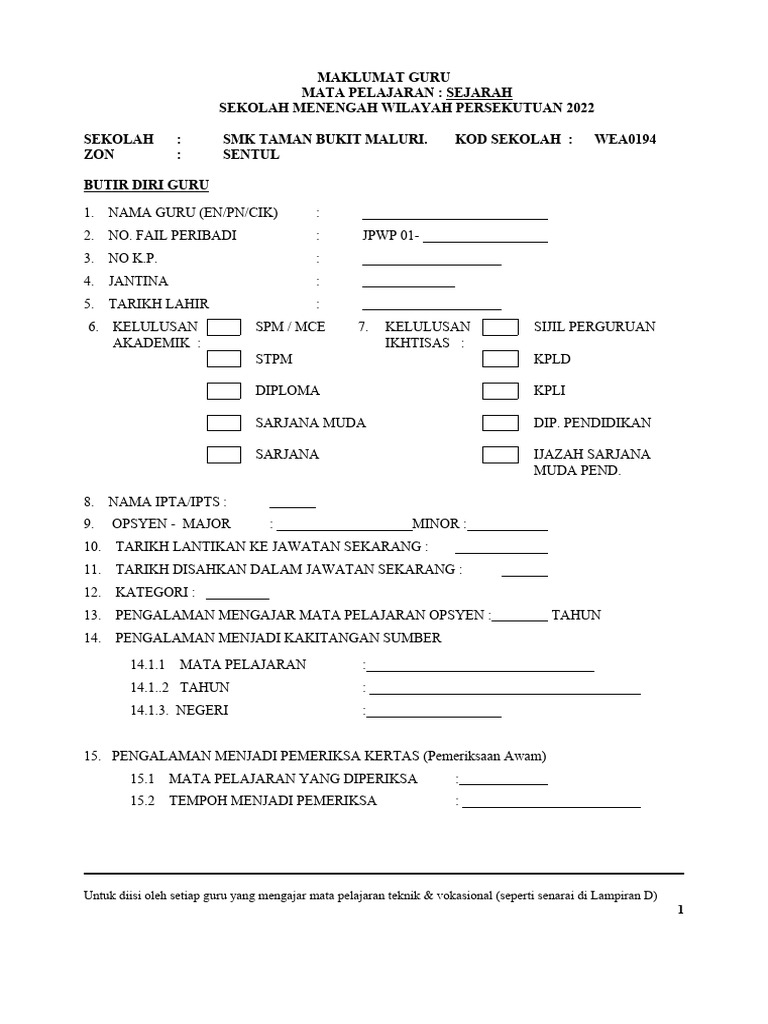 Borang Maklumat Diri Guru | PDF Borang Maklumat Diri Guru | PDF