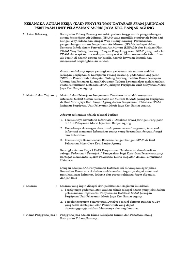 KAK Database Moris Banjar Margo-1 | PDF