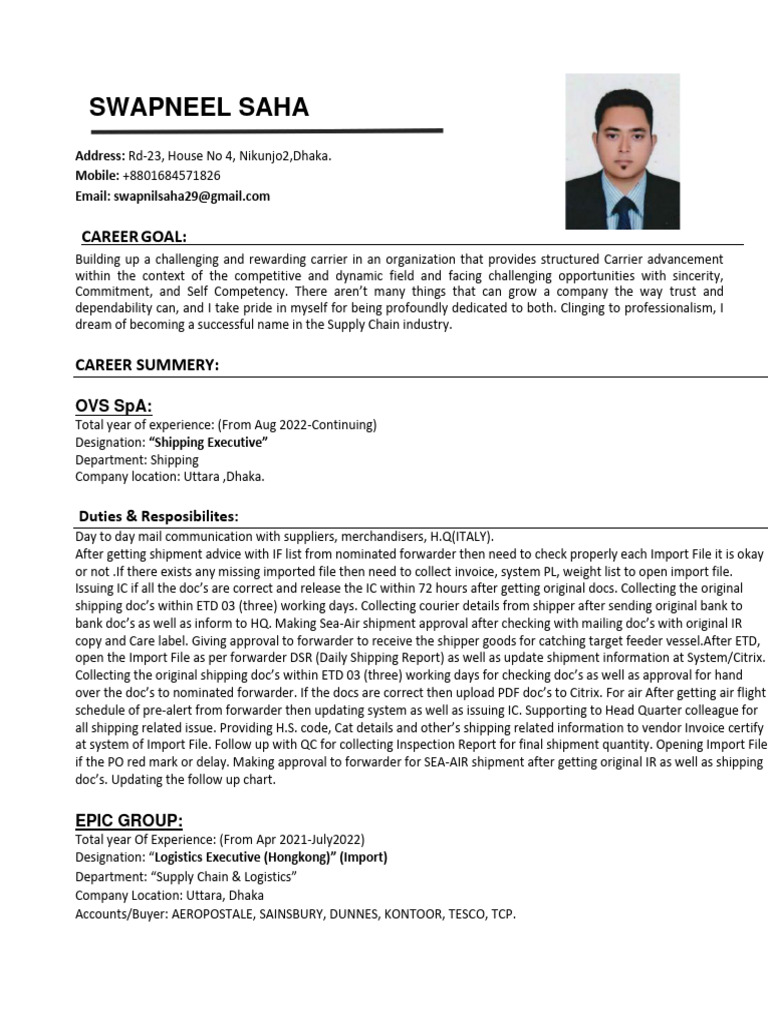 Swapneel Saha - Resume | PDF | Logistics | Textiles