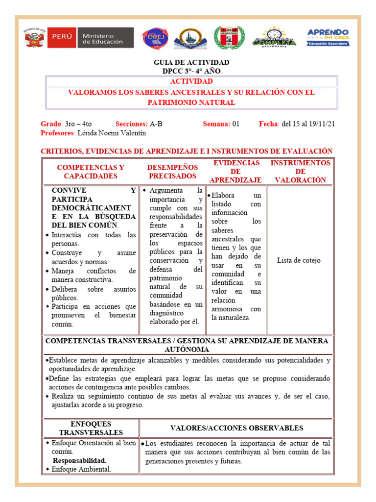 SESION - 3° - 4° DPCC - EXP 9 - SEMANA 1-Del 15 Al 19 de Noviembre | PDF | Evaluación ...