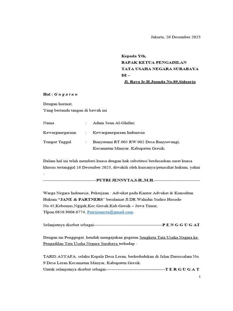 Surat Gugatan Tun Jenny | PDF