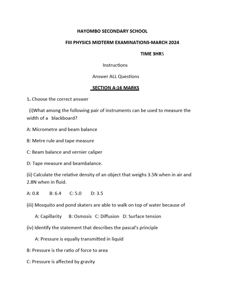 Fiii Physics Midterm Examinations-March 2024 | PDF | Pressure | Magnet