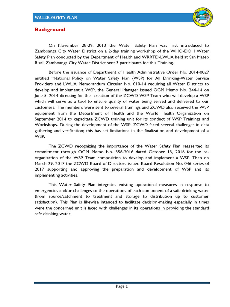 ZCWD WSP Version 01-2018 | PDF | Drinking Water | Water