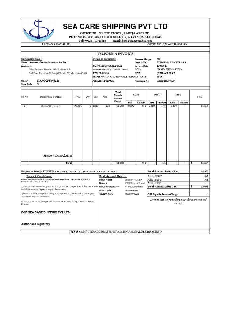 Performa 985 A (Export) Freight | Download Free PDF | Cheque | Invoice