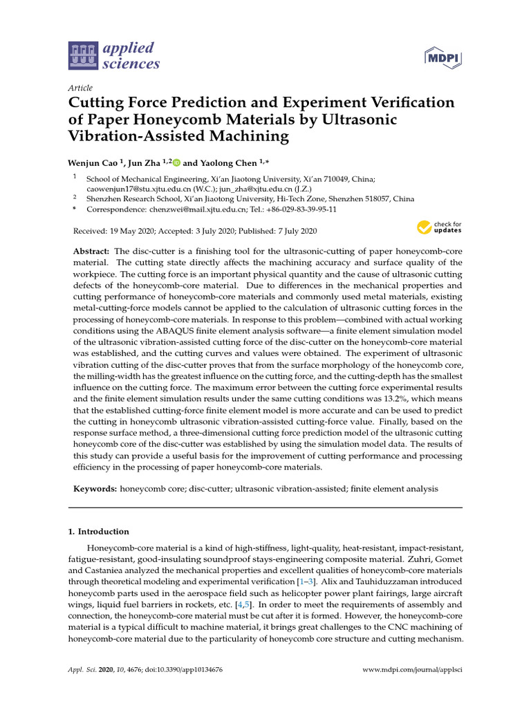 Cutting Force Prediction and Experiment Verification of Paper Honeycomb Materials by Ultrasonic ...