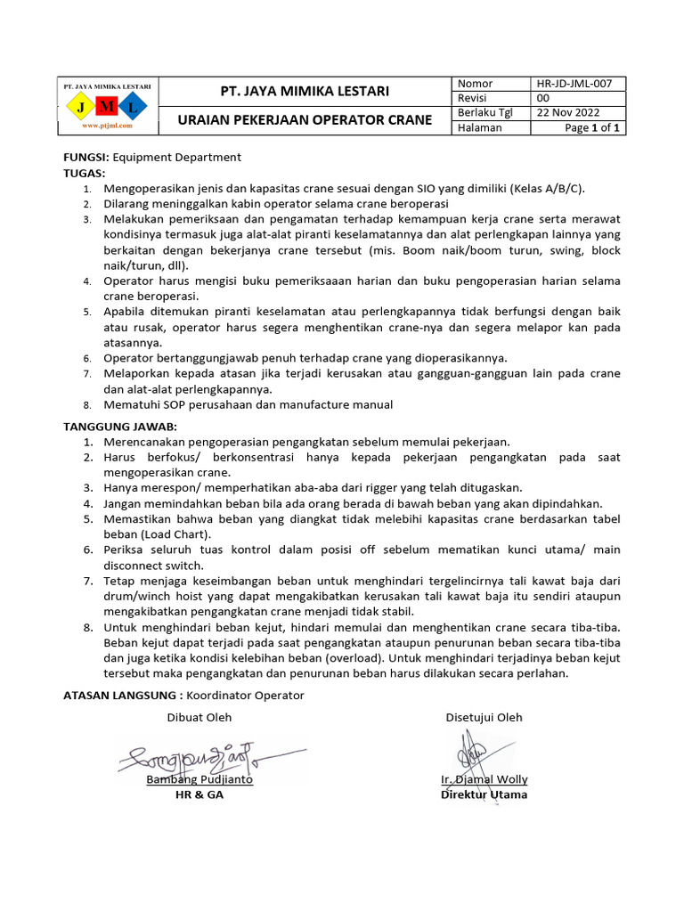 Job Des Op. Crane & Rigger | PDF