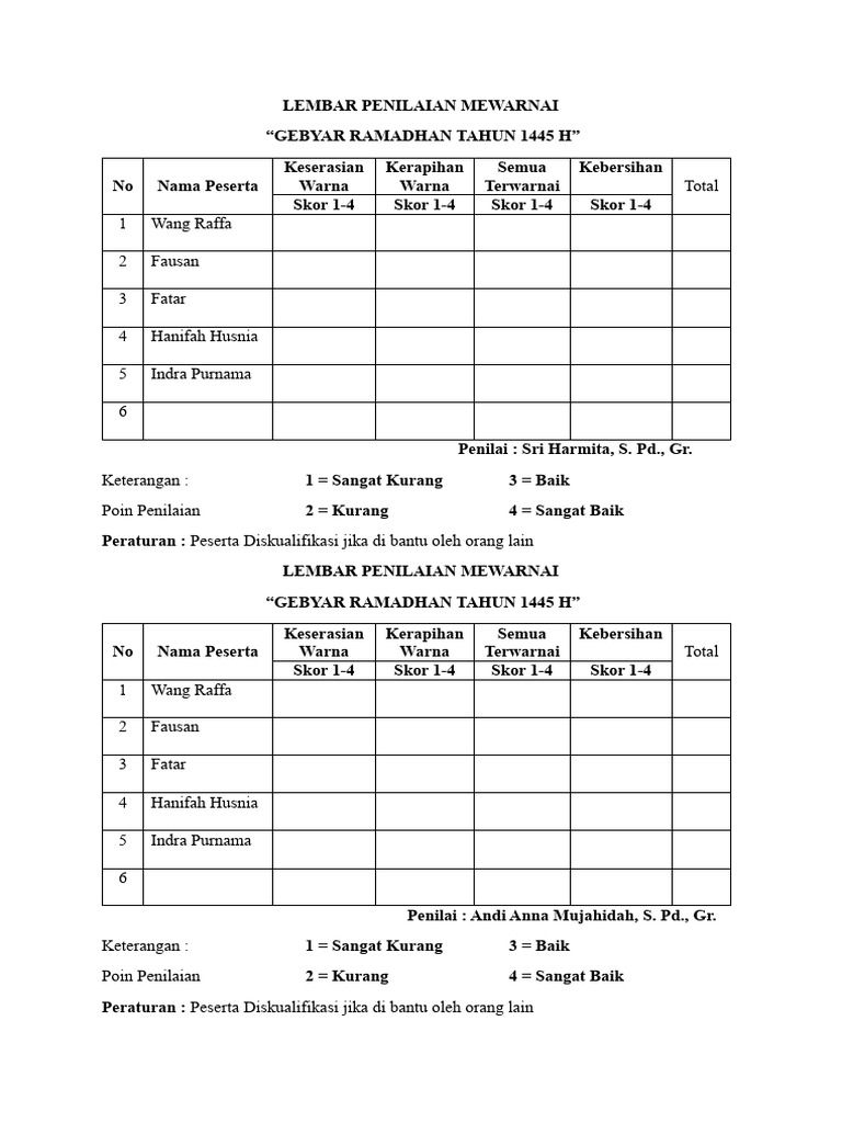 FORMAT PENILAIAN MEWARNAI | PDF