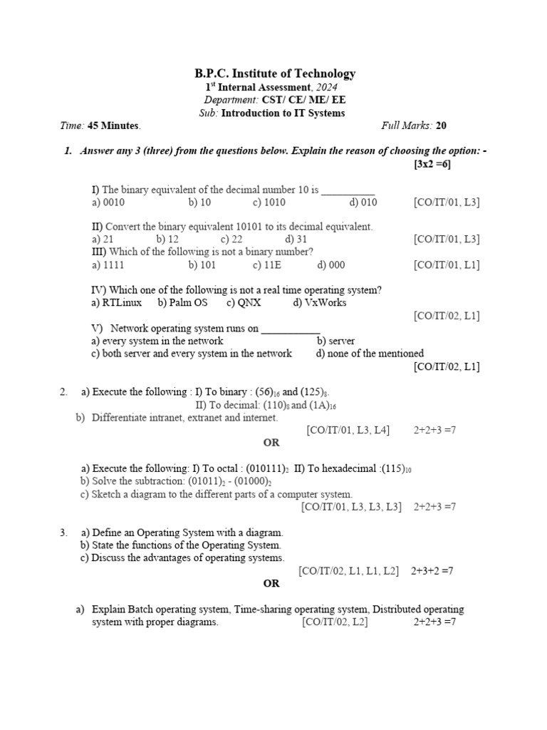 ITSystems CST 1stInternalQuestion 2024 NBA | PDF | Operating System | Computer Architecture
