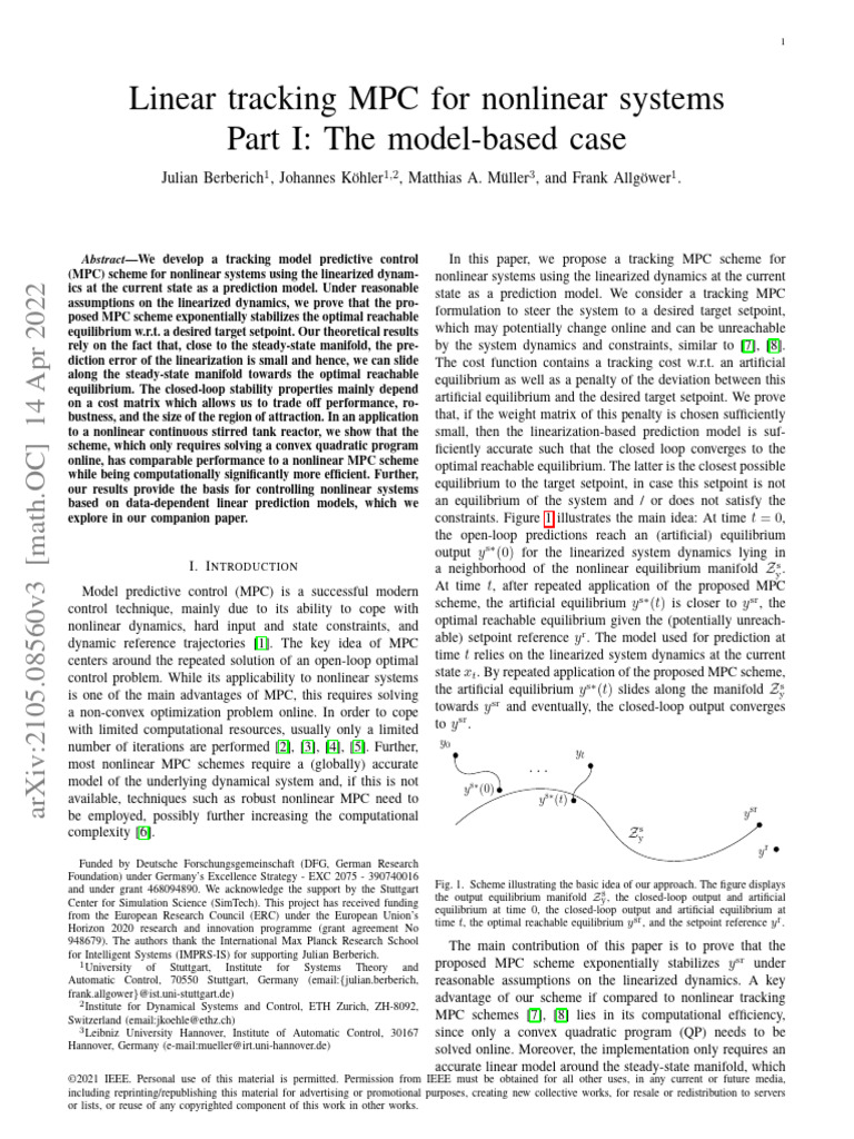 Linear Tracking MPC For Nonlinear Systems Part I - The Model-Based Case | PDF | Mathematical ...