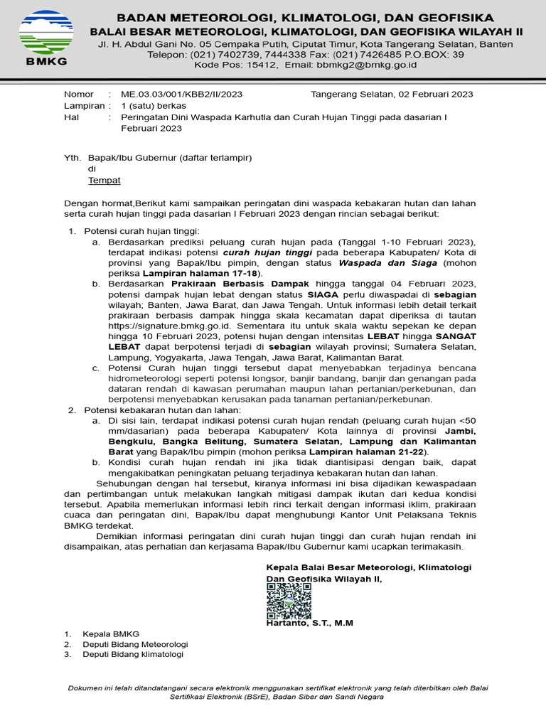 Peringatan Dini Curah Hujan Dan Waspada Karhutla - Sign | PDF
