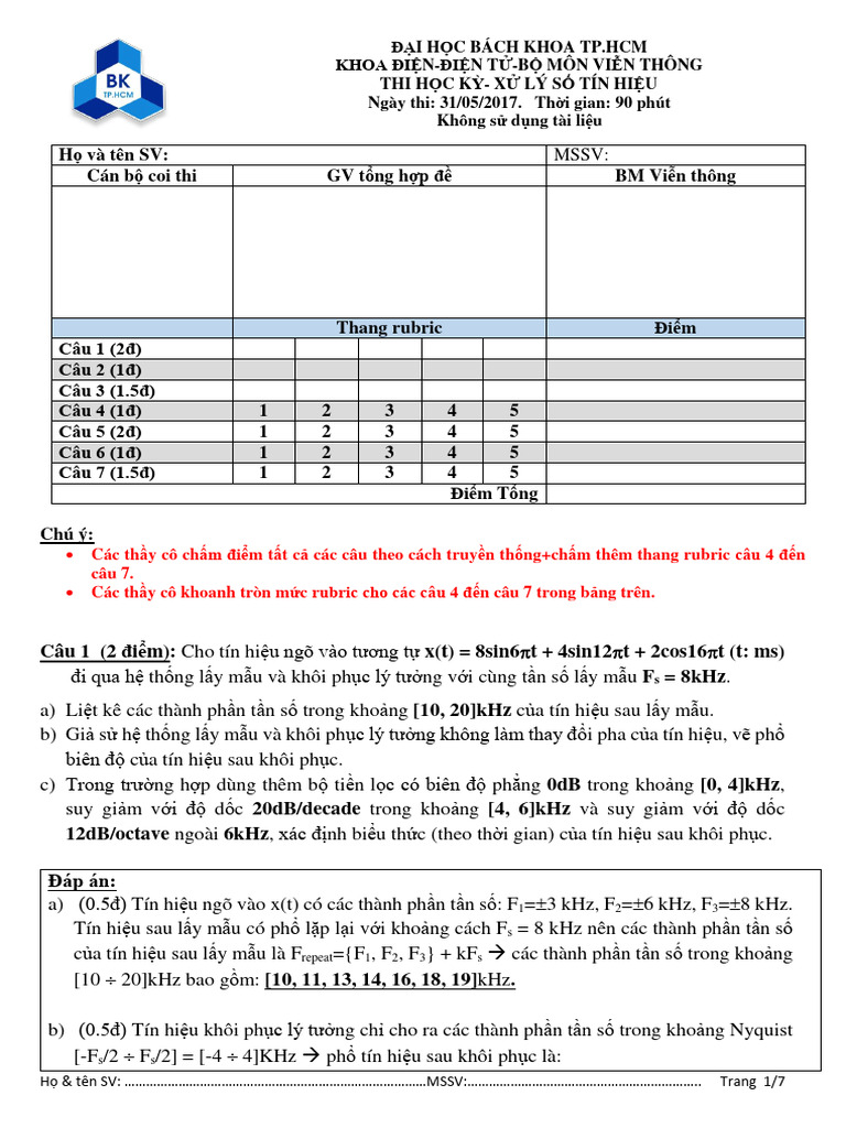 123doc de Xu Ly So Tin Hieu Co Dap An BK TPHCM | PDF