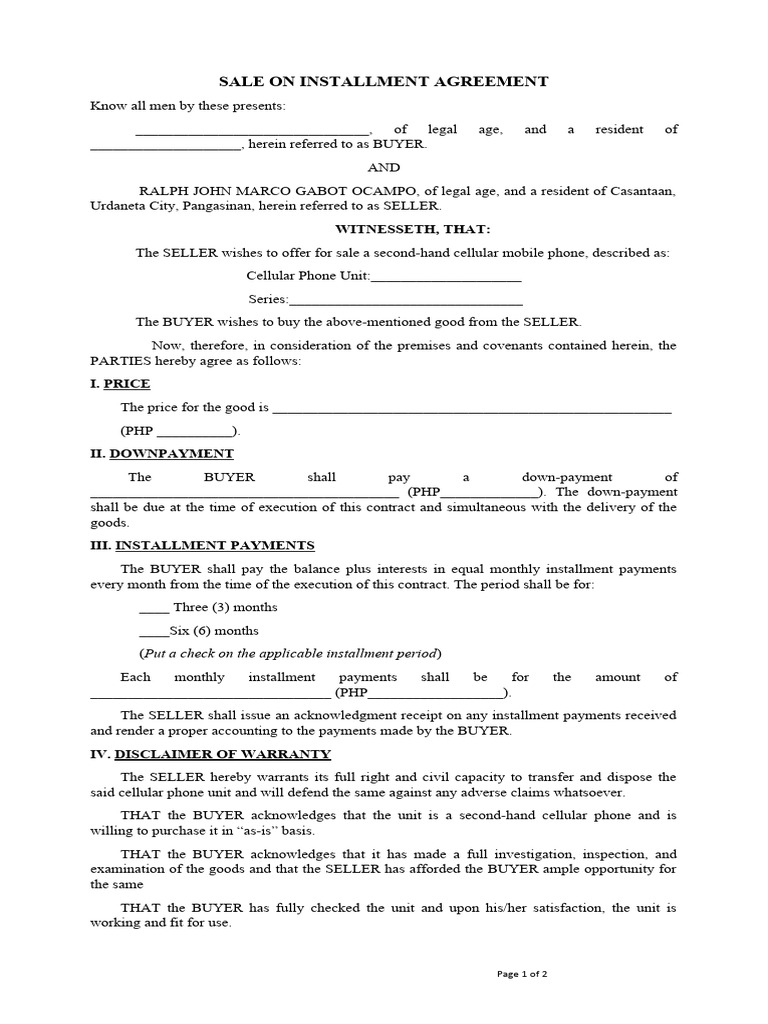 Installment Sale Agreement | PDF | Payments | Breach Of Contract