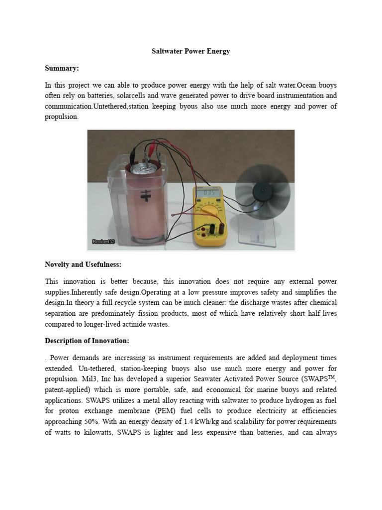 Saltwater Power Energy-Project Logesh E&I | PDF | Fuel Cell | Seawater