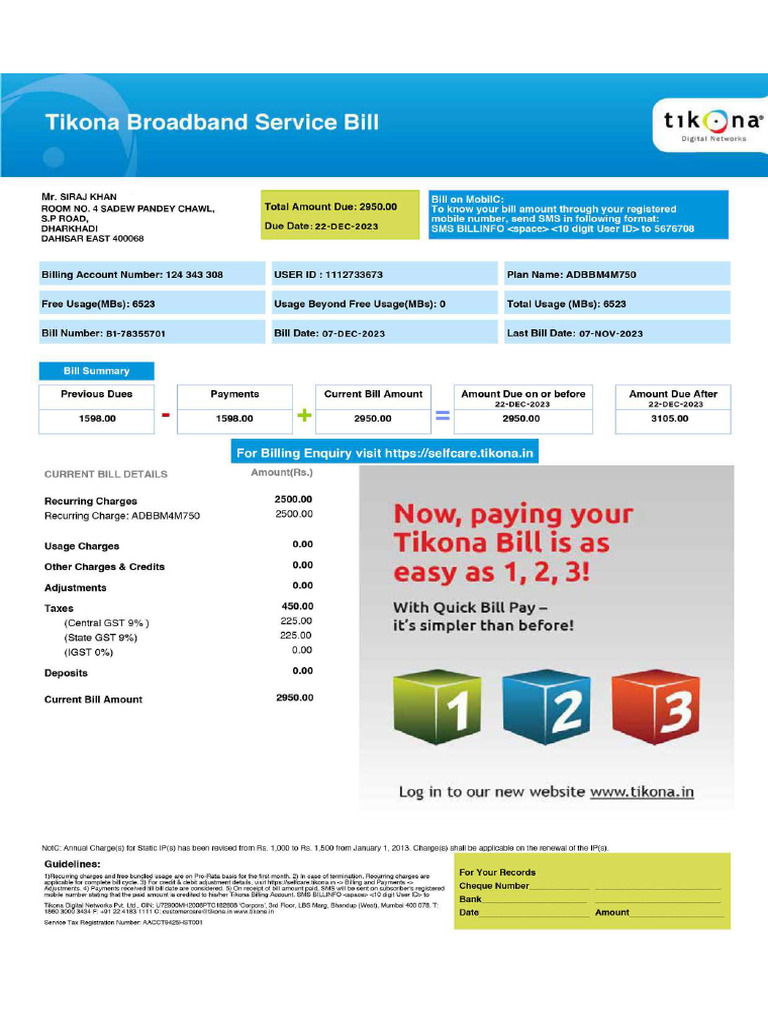 Siraj Internet Bill Dec 2023 | PDF