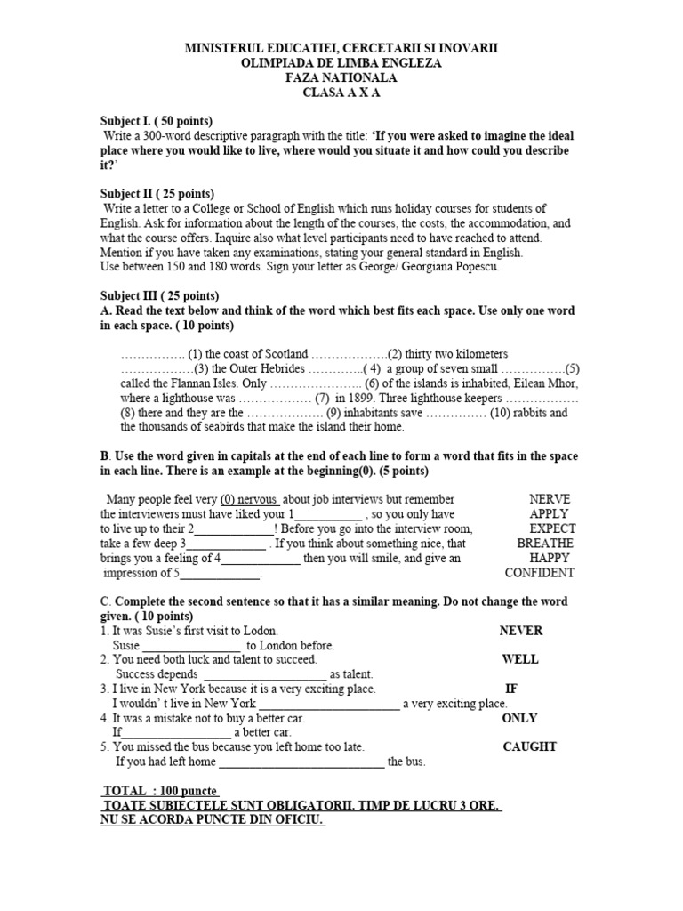 Subiect Limba Engleza CLS A 10 A | PDF