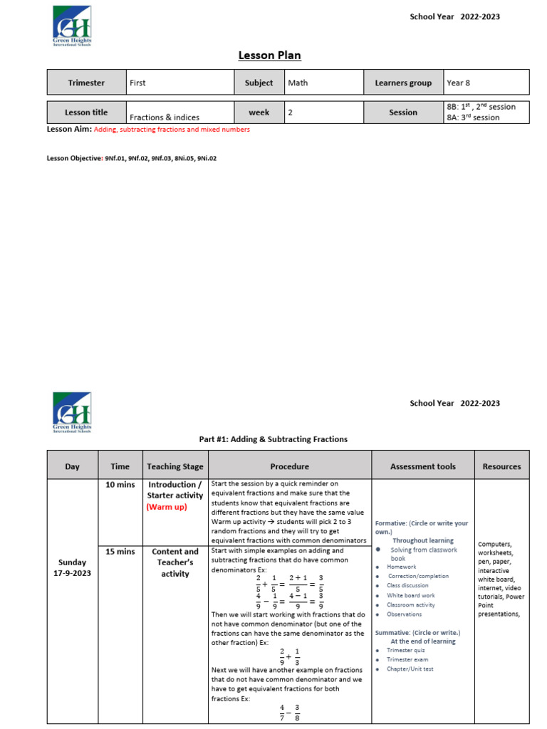 GHIS Lesson Plan Week 2 | PDF | Multiplication | Lesson Plan