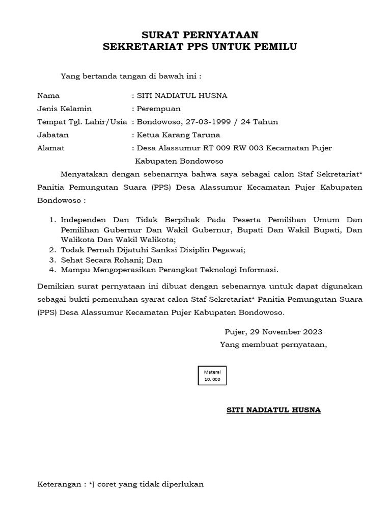 Surat Pernyataan Calon Staf PPS | PDF