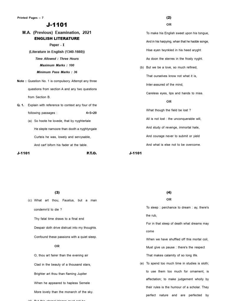 M.A. English Literature Exam Paper 2021 | PDF