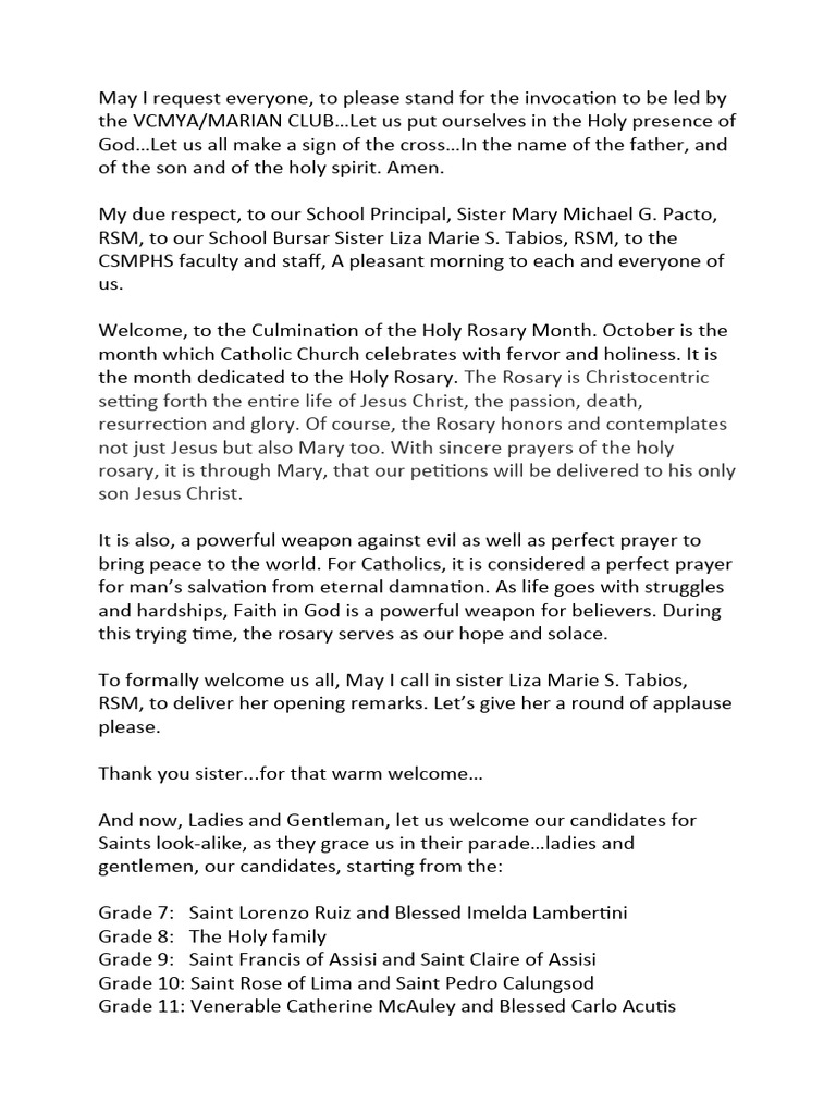 Emcee English Script | PDF | Rosary | Mary, Mother Of Jesus