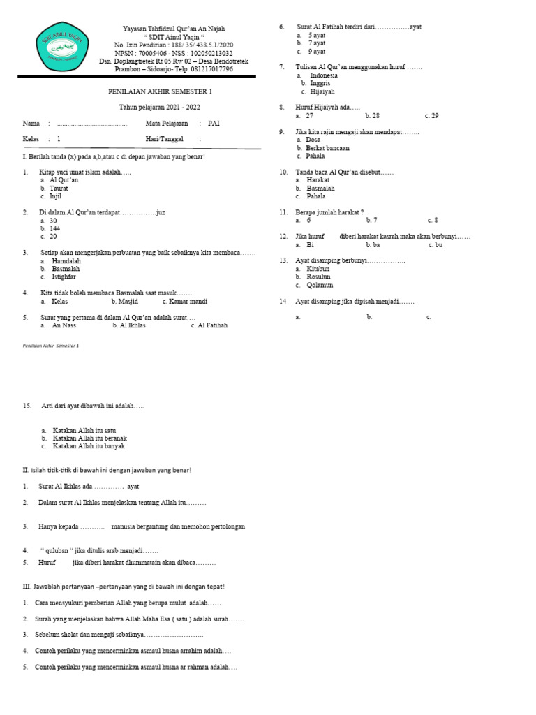 Pas 2021-2022 KLS 1 Pai | PDF