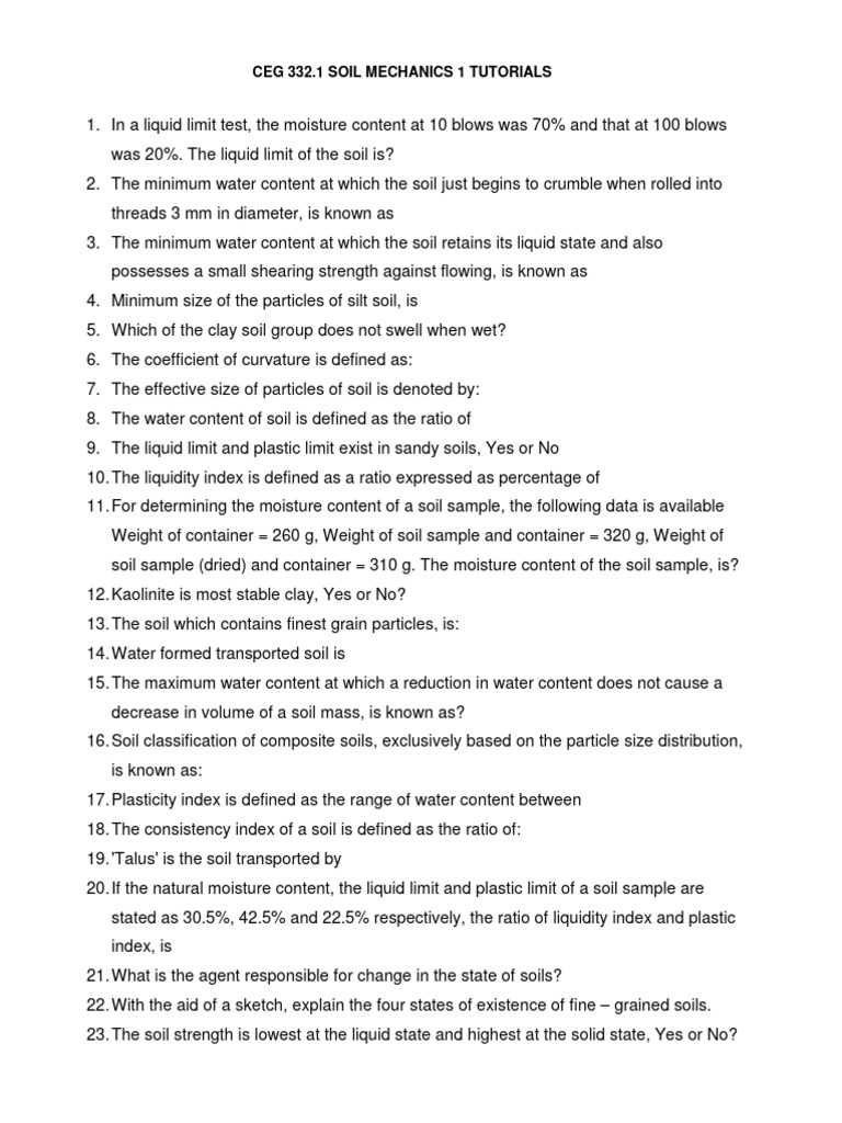 Soil Mechanics 1 Tutorial Questions | PDF | Soil Mechanics ...