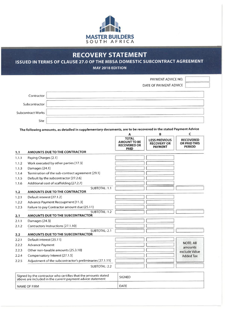 MBSA Recovery Statement Template - For Use With The JBCC PBA Edition 6. ...