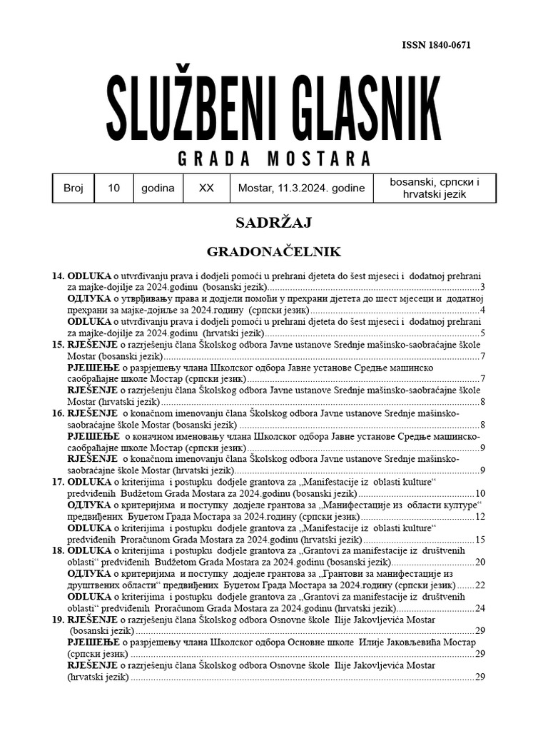 Sluzbeni Glasnik Grada Mostara Broj 10-2024 | PDF