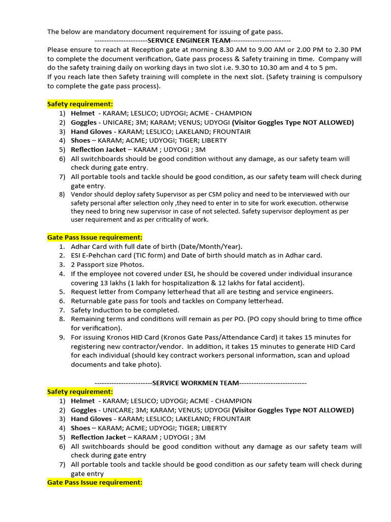 Procedure for Gate Pass & safety PPE requirements. | PDF