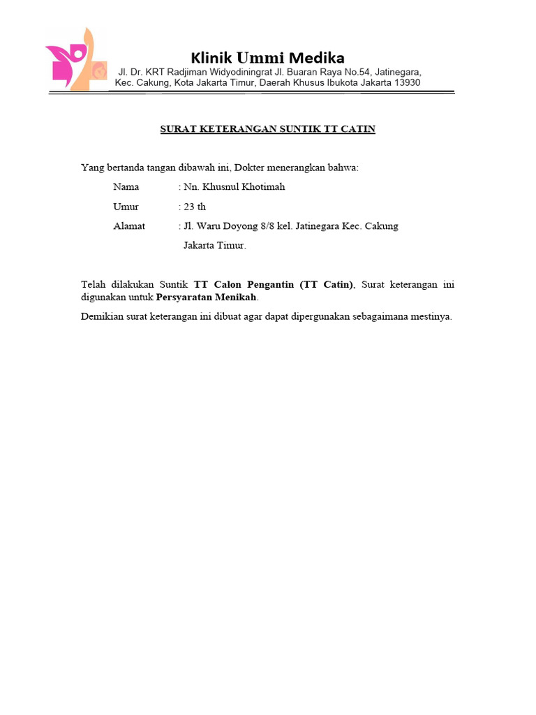Surat Keterangan Suntik TT Catin | PDF