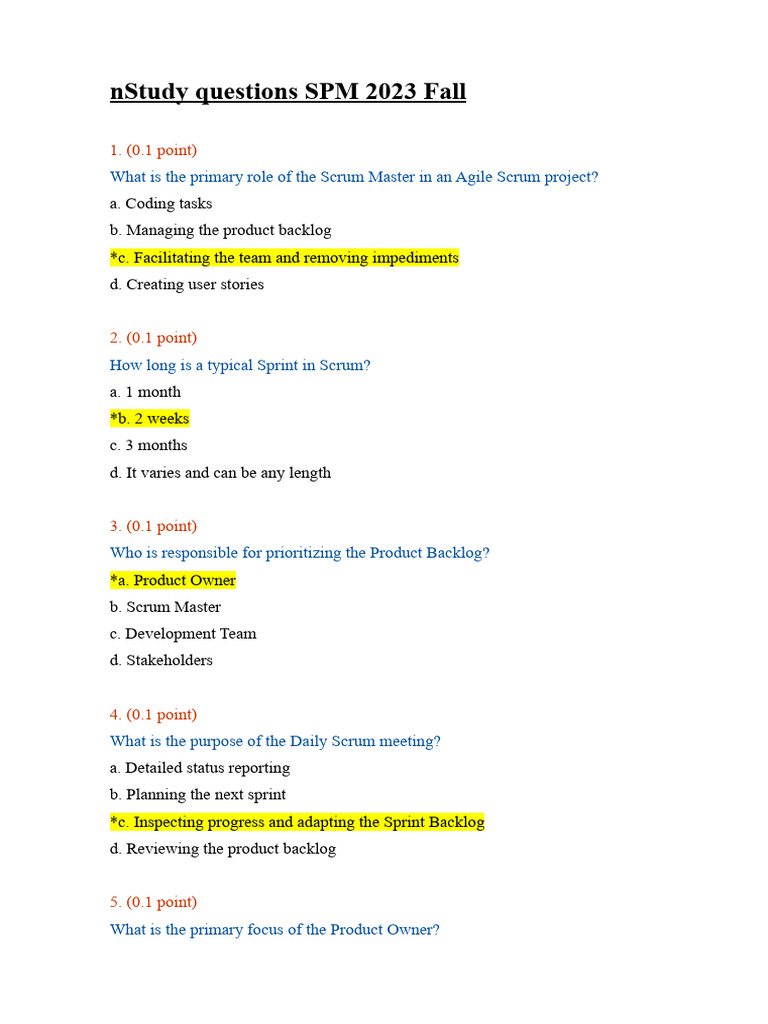 SPM 2023 Fall Scrum Study Questions | PDF | Scrum (Software Development)