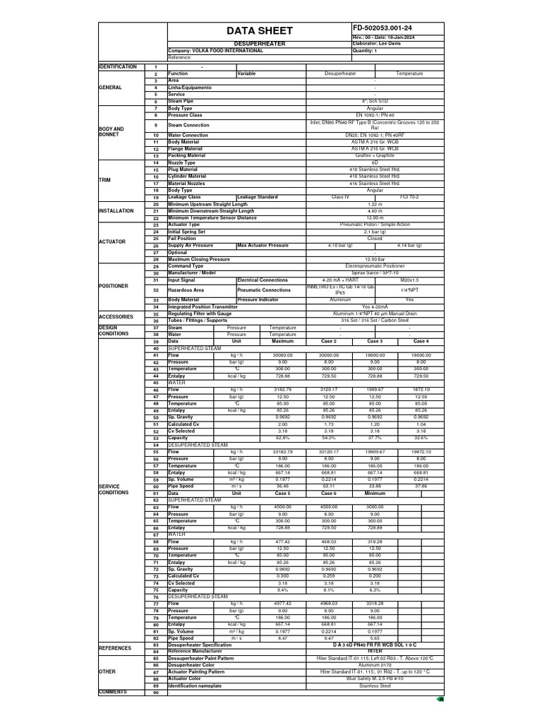 Data Sheet: Desuperheater | PDF | Enthalpy | Mechanical Engineering