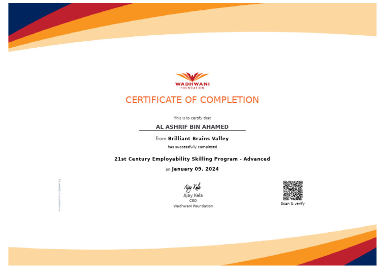 Wadhwani Foundation Certificate - 659d3bae8c30de8667c386ce | PDF