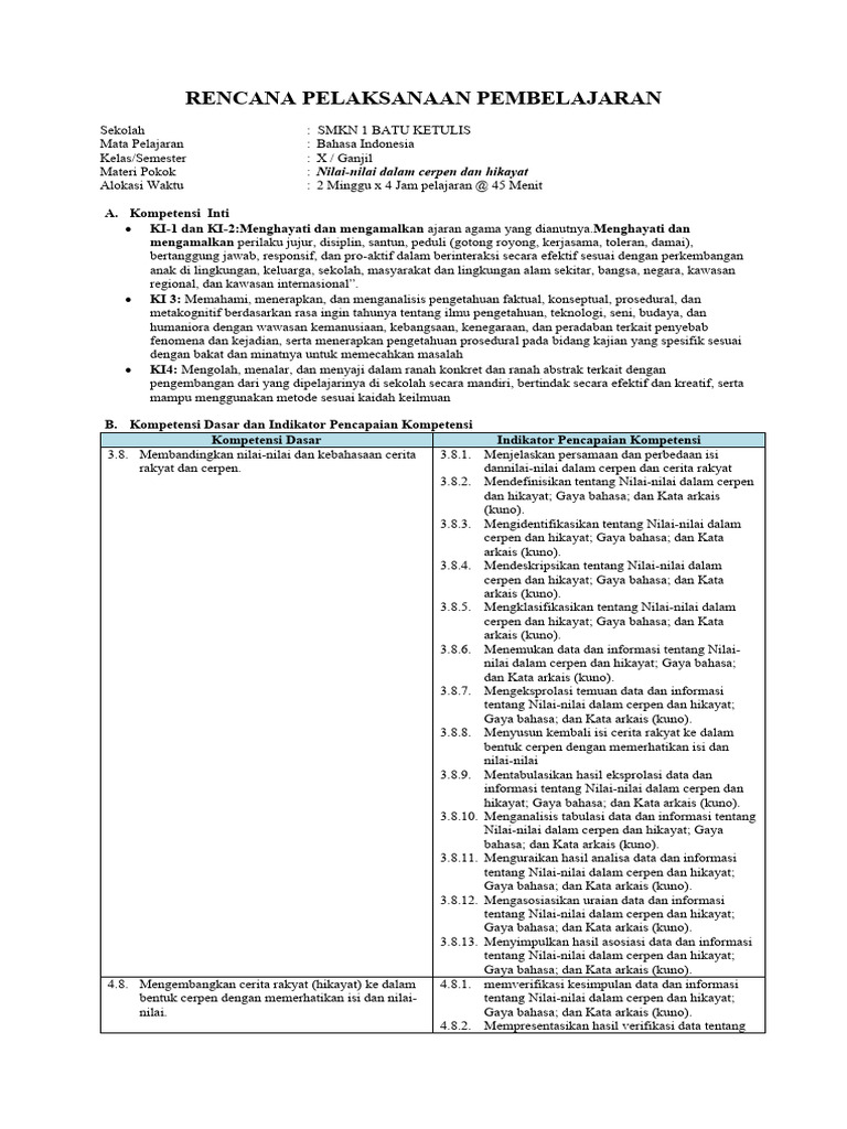 RPP 8 Nilai-Nilai Dalam Hikayat Dan Cerpen | PDF | Seni & Disiplin Bahasa
