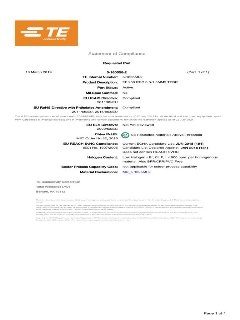 Statement of Compliance: TE Connectivity Corporation 1050 Westlakes ...