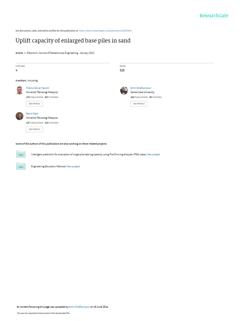 UTM Paper Uplift Capacity of Enlarge Base Pile in Sand | PDF | Deep ...