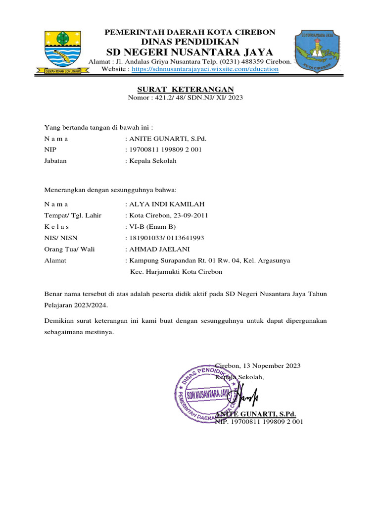 Contoh Surat Keterangan Siswa | PDF