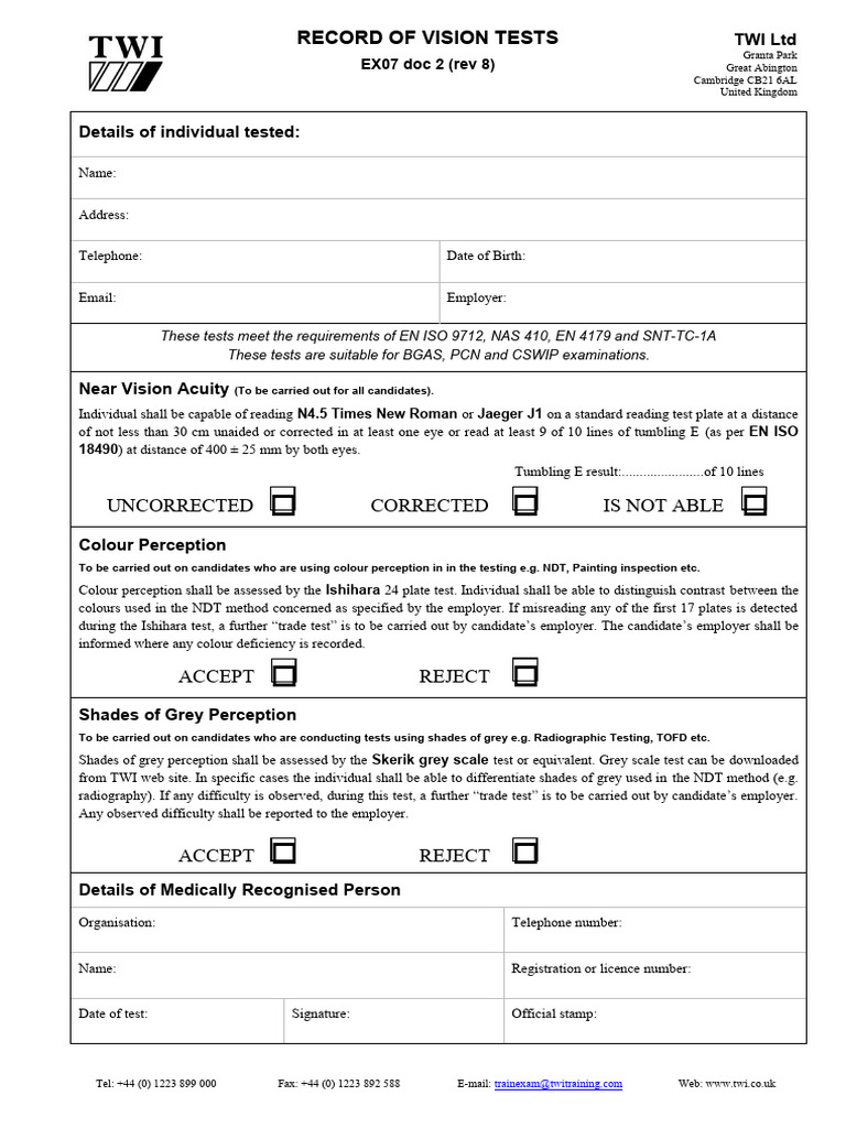 EX07 Doc 2 - TWI Record of Vision Tests (Rev.8) | PDF | Nondestructive ...