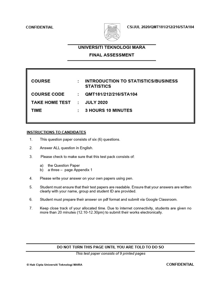 Final Assessment STA104 - July 2020 | PDF | Ordinary Least Squares ...