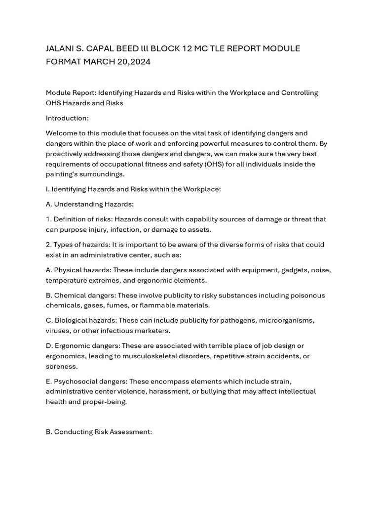 Module Report Identifying Hazards and Risks Within the Workp | PDF ...
